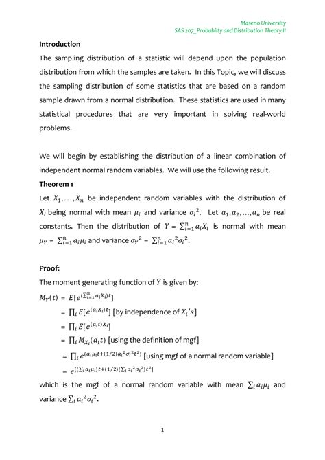 Topic Notes Sampling From A Normal Distribution The Chi Square Distribution SAS Pr