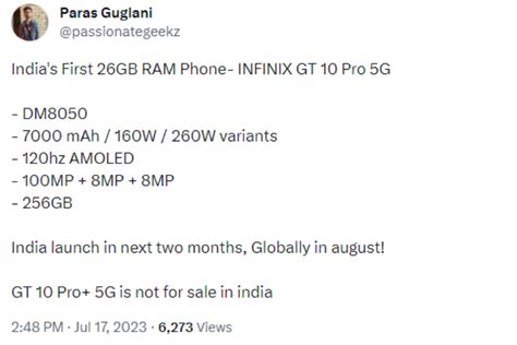 Infinix Gt Pro G Might Be The First Phone With Massive Gb Ram