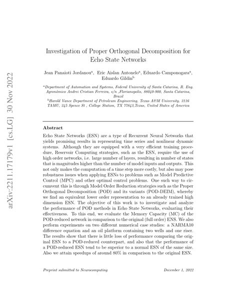 Pdf Investigation Of Proper Orthogonal Decomposition For Echo State