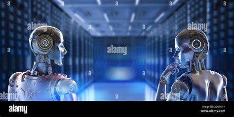 Automation Server With D Rendering Robot Working In Server Room Stock Photo Alamy