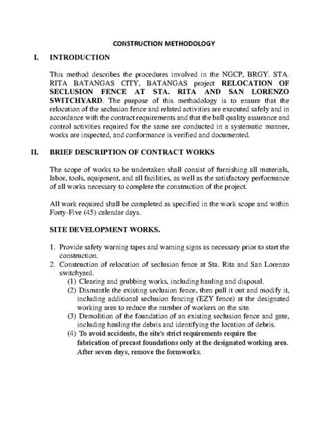 Construction Methodology Construction Methodology I Introduction This Method Describes The