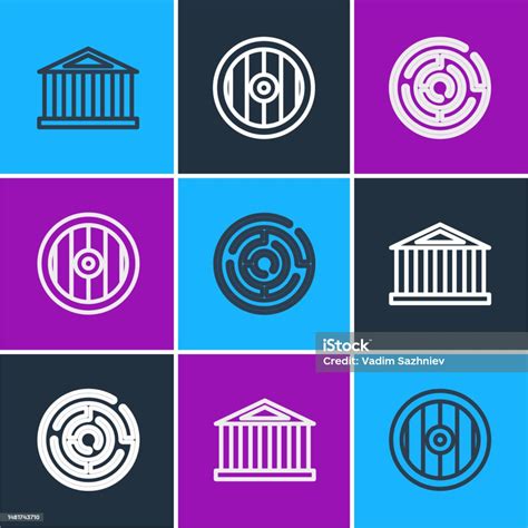 Set Line Parthenon Minotaur Labyrinth And Greek Shield Icon Vector
