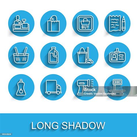 라인 소스 병 배달화물 트럭 금전 등록기 출납원 스캐너 스캔 바코드 전자 저울 세척제 병 식별 배지 및 걸레 및 양동이 아이콘 벡터 가격에 대한 스톡 벡터 아트 및 기타