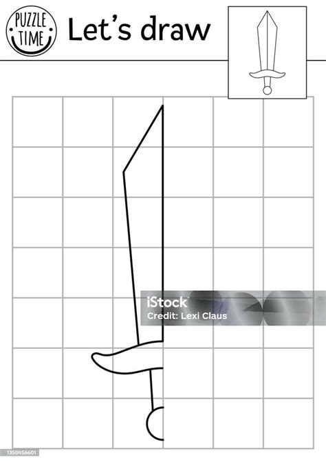 기사 검 그림을 완료합니다 벡터 동화 대칭 드로잉 연습 워크 시트 유치원 아이들을위한 인쇄 가능한 흑백 활동 그림 마법 왕국 테마 게임을 복사 모방에 대한 스톡 벡터 아트