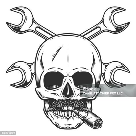 콧수염을 피우는 시가 또는 담배 및 건설 배관 렌치 또는 수리 자동차 및 트럭 정비사 서비스 도구가 교차 스패너 빈티지 그림과 함께 두개골 0명에 대한 스톡 벡터 아트 및