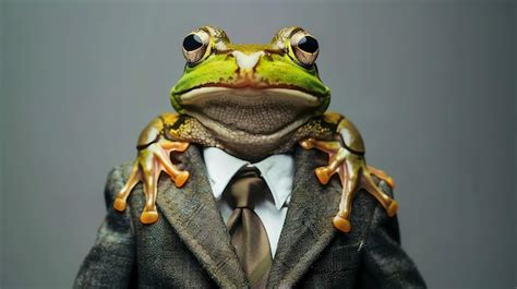 A Green Tree Frog Wearing A Suit And Tie With Another Frog Sitting On Its Shoulders Premium AI