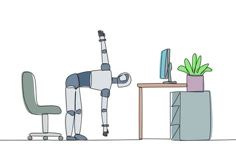 Single One Line Drawing Robot Stands With One Hand Raised And The Other