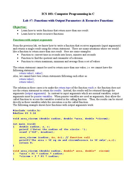 Lab 7 Functions With Output Parameters And Recursive Functions Pdf