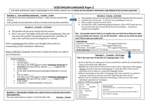 English Language Paper 2 Question Guideline Overview Sheet Teaching Resources
