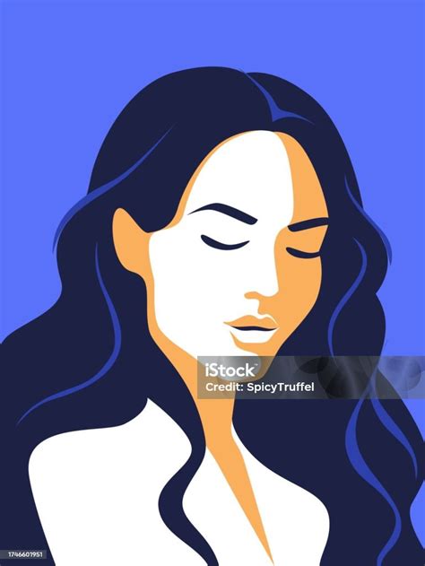 여자 그림입니다 만화 플랫 스타일 미니멀리스트 초상화입니다 눈을 감고 긴 느슨한 머리를 가진 소녀 현대 벽 예술 아름 다운 아가씨 얼굴입니다 여성 패션 모델 벡터 그림 갈색