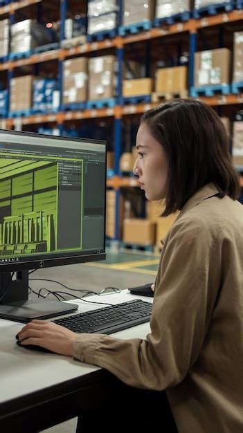 Woman Using Desktop Computer With A Green Screen Chromakey Mock Up Display Premium Ai