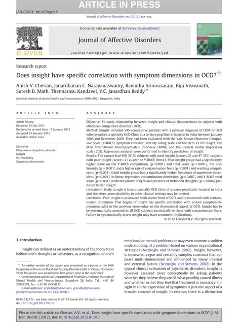 Pdf Does Insight Have Specific Correlation With Symptom Dimensions In Ocd