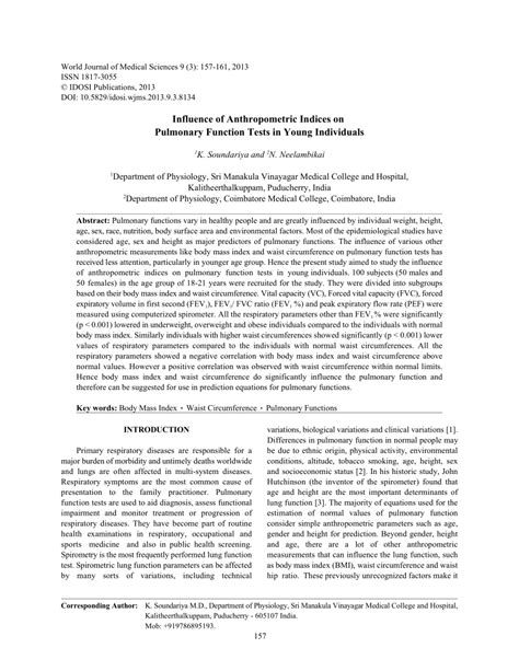Pdf Influence Of Anthropometric Indices On Pulmonary Function Tests In Young Individuals