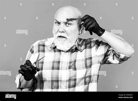 Mature Barber With Scissors And Razor Vintage Barbershop Shaving