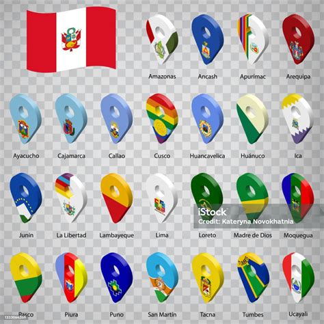 페루 지방에 25 개의 플래그 이름으로 알파벳 순서 페루 의 국기 부서와 같은 3d 지리적 위치 표지판 세트 디자인에 대한 25 개의 3d 위치 표지판 Eps10 0명에