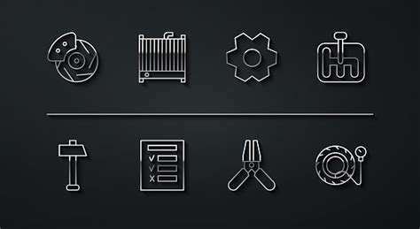 캘리퍼 해머 기어 시프터 배터리 점퍼 전원 케이블 검사 라디에이터 냉각 시스템 타이어 압력 게이지 및 아이콘이있는 라인 자동차 브레이크 디스크를 설정합니다 벡터 건설 산업에