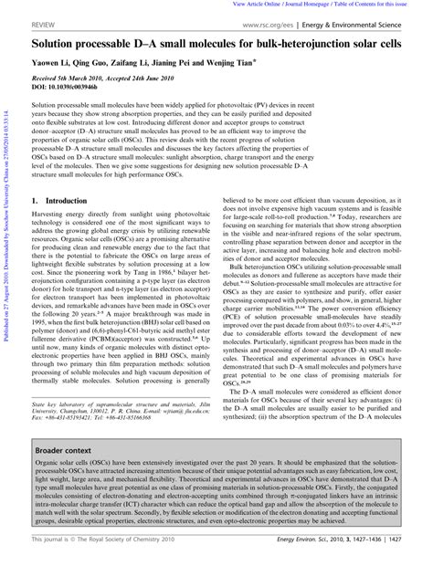 Pdf Solution Processable Da Small Molecules For Bulk Heterojunction