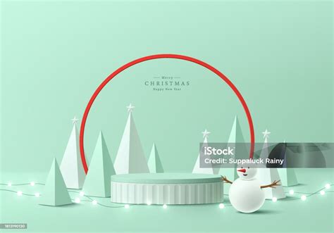 3d 크리스마스 연단 배경입니다 빨간 프레임 흰색 눈사람 크리스마스 트리 장면이 있는 녹색 실린더 연단 플랫폼 모형 제품 전시 프레젠테이션 추상적인 구성은 최소한입니다 무대