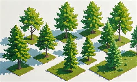 nine green trees with varying heights and shapes are arranged in 3x3