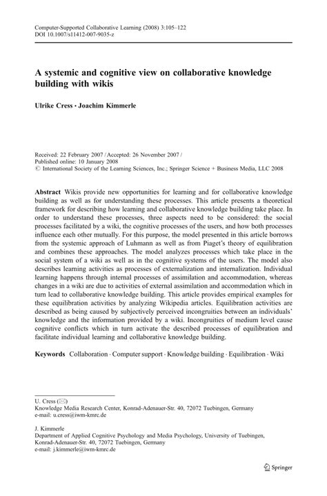Pdf A Systemic And Cognitive View On Collaborative Knowledge Building