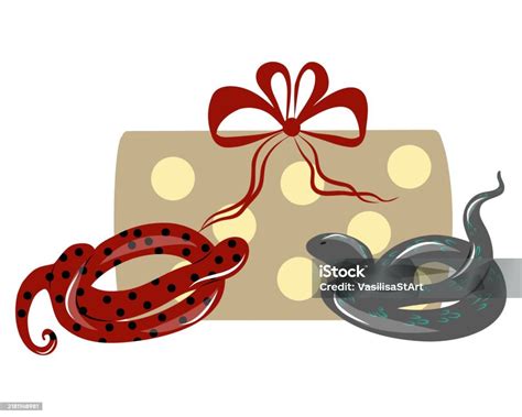 모양과 색상이 다른 두 마리의 뱀과 선물 상자 손으로 그린 벡터 일러스트 레이 션 뱀 장식 일러스트 레이 션의 해 12월에 대한 스톡 벡터 아트 및 기타 이미지 Istock