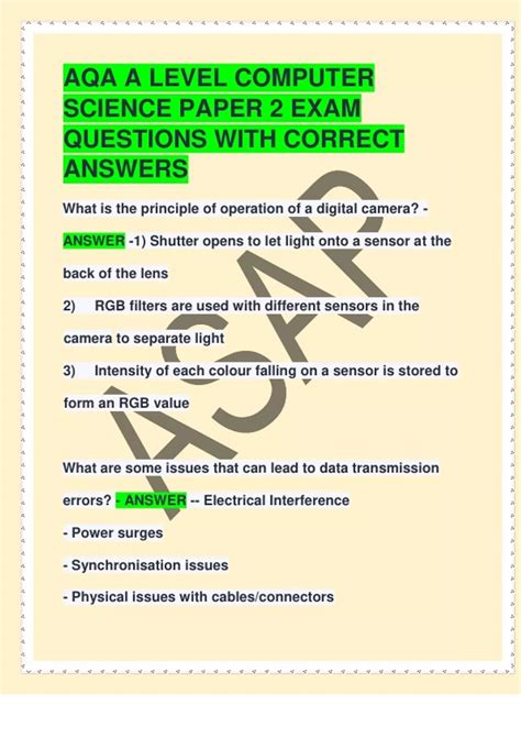 Aqa A Level Computer Science Paper 2 Exam Questions With Correct Answers Aqa A Level Computer