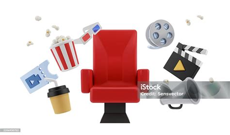 영화관 엔터테인먼트 및 레저 활동 3d 스타일의 벡터 관객을 위한 고립된 빨간 의자 팝콘 양동이와 필름 릴 스트립 갈 커피와