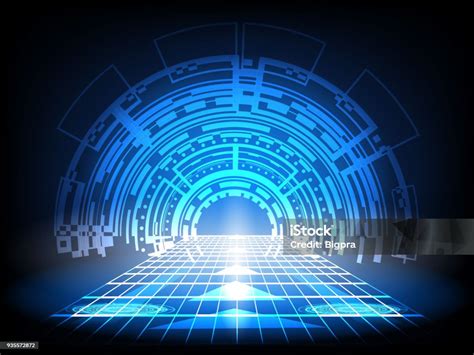 추상적인 미래의 원 개념 혁신 어두운 파란색 배경 벡터 일러스트 레이 션에 세계 디지털 기술 속도 의료 데이터 컴퓨터 네트워크 통신 공학 디지털 라인 연결 개념에 대한 스톡