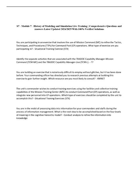 S7 Module 7 History Of Modeling And Simulation Live Training Comprehensive Questions And