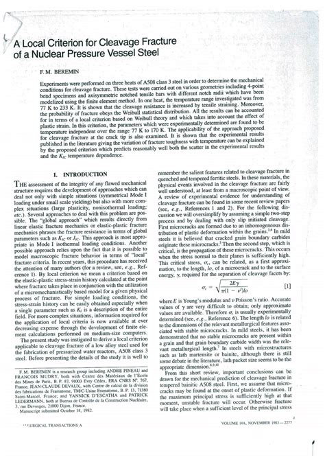 Pdf A Local Criterion For Cleavage Fracture Of A Nuclear Pressure Vessel Steel
