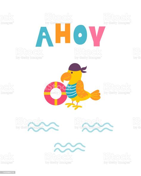 재미있는 어린이 해적 인쇄 구명 부표와 손으로 반다나에있는 앵무새는 평평한 손으로 그린 스타일로 Ahoy를 글자로 씁니다 엽서 포스터 초대장 및 섬유 디자인을위한 디자인