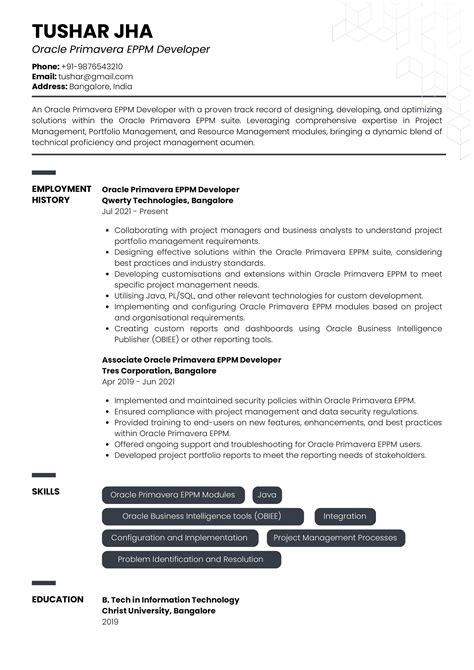 Sample Resume Of Oracle Primavera Eppm Developer With Template And Writing Guide
