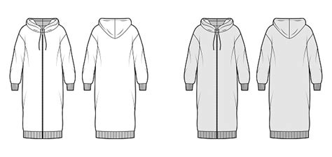 드레스 지퍼 업 후드 기술 패션 일러스트 와 긴 소매 리브 커프 오버사이즈 바디 무릎 길이 스커트 플랫 0명에 대한 스톡 벡터 아트 및 기타 이미지 Istock