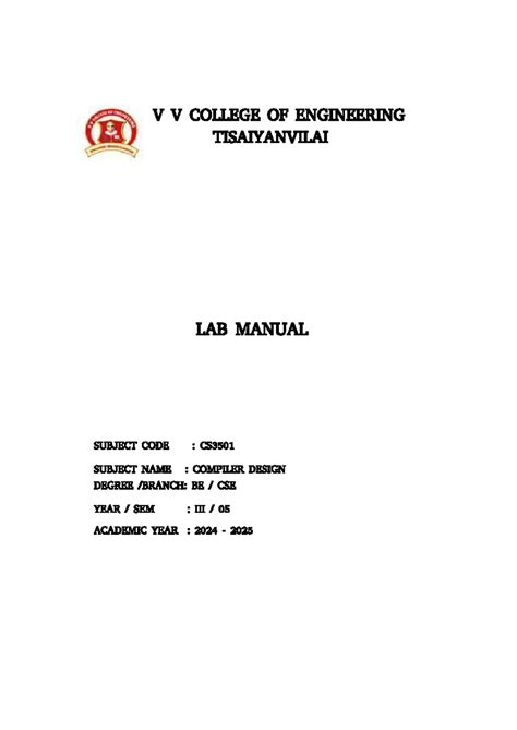 Compiler Design Lab Good V V College Of Engineering Tisaiyanvilai
