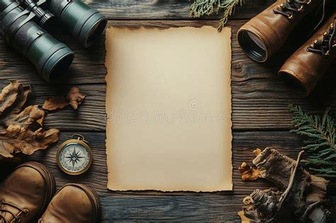 Adventure Planning Still Life With Blank Paper Compass Binoculars And Boots Stock Illustration