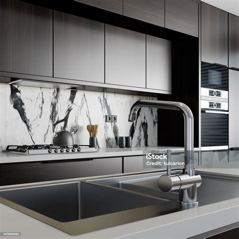 럭셔리 블랙 미니멀리즘 이탈리아 스타일의 오픈 스페이스 주방과 커다란 긴 주방 아일랜드 0명에 대한 스톡 사진 및 기타 이미지 0명 가구 가정 주방 Istock