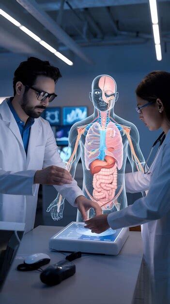 Two Bioengineers Working With Computer Powered Vfx Hologram Of Human
