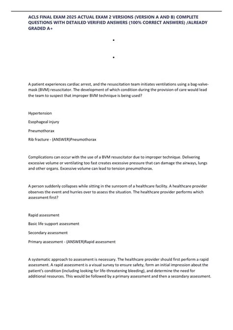 Acls Final Exam 2025 Actual Exam 2 Versions Version A And B Complete 450 Questions With