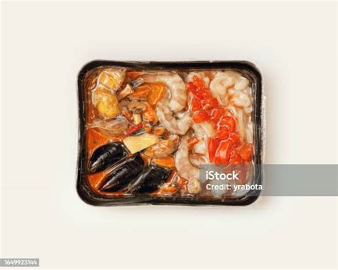 Frozen Tom Yum Soup Semifinished Product In Plastic Packaging On Beige