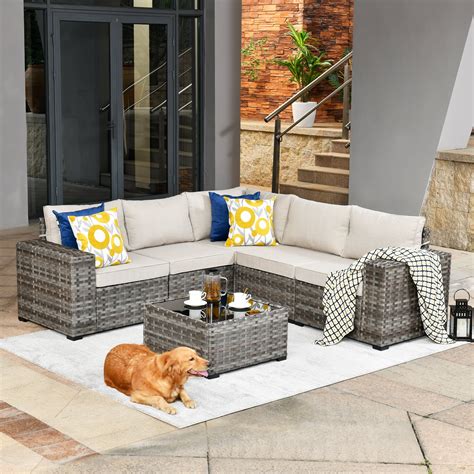 Ovios 6 Piece Outdoor Wicker Sofa Set With Table For Garden Backyard