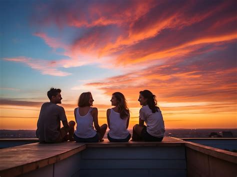 Premium Photo A Group Of Young Friends Sitting On A Rooftop At Sunset