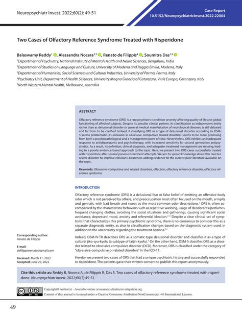 Pdf Two Cases Of Olfactory Reference Syndrome Treated With Risperidone