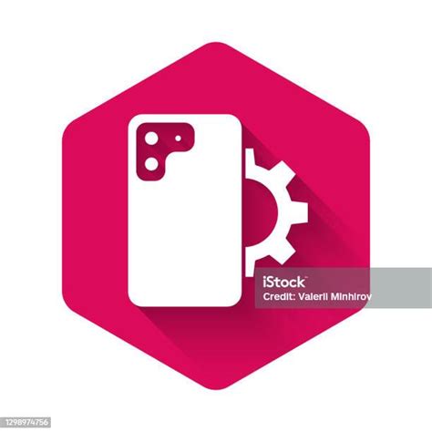 긴 그림자 배경으로 격리 된 화이트 전화 수리 서비스 아이콘 조정 서비스 설정 유지 보수 수리 고정 핑크 육각형 버튼 벡터 개념에 대한 스톡 벡터 아트 및 기타 이미지