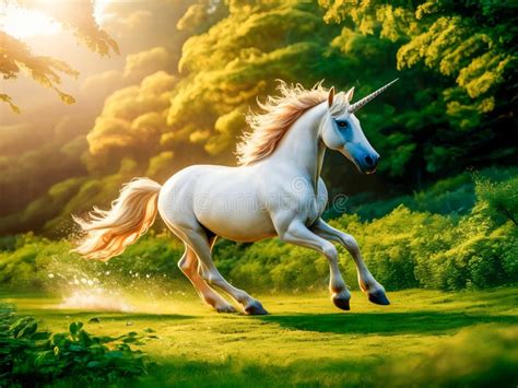 Image Of A Unicorn Running Through A Lush Green Forest Stock