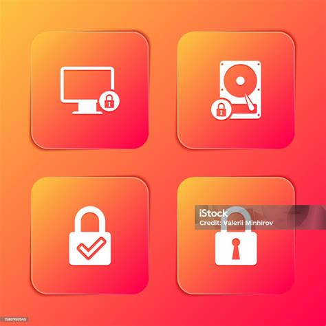 모니터에 잠금 하드 디스크 드라이브 및 잠금 확인 표시 및 아이콘을 설정합니다 벡터 개념에 대한 스톡 벡터 아트 및 기타 이미지