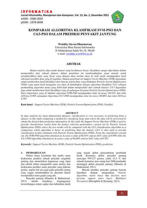 pdf komparasi algoritma klasifikasi svm pso dan c4 5 pso dalam