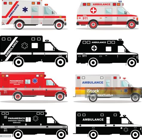 의료 개념입니다 평면 스타일에서 흰색 배경에 고립 된 다른 종류 자동차 구급차 색과 검은 실루엣 벡터 일러스트입니다 서비스에 대한 스톡 벡터 아트 및 기타 이미지 Istock