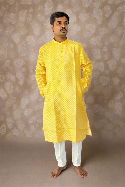 Yellow Color Mens Silk Kurta Pajama Set Indian Wear Traditional Men