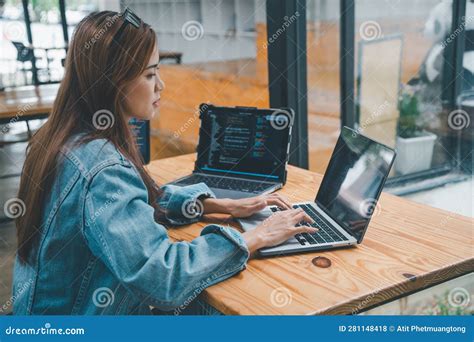 female programmer working on coding software development and web