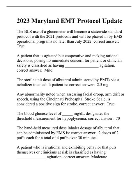 2023 Maryland Emt Protocol Update Questions With Complete Solutions Emt Protocols Stuvia Us